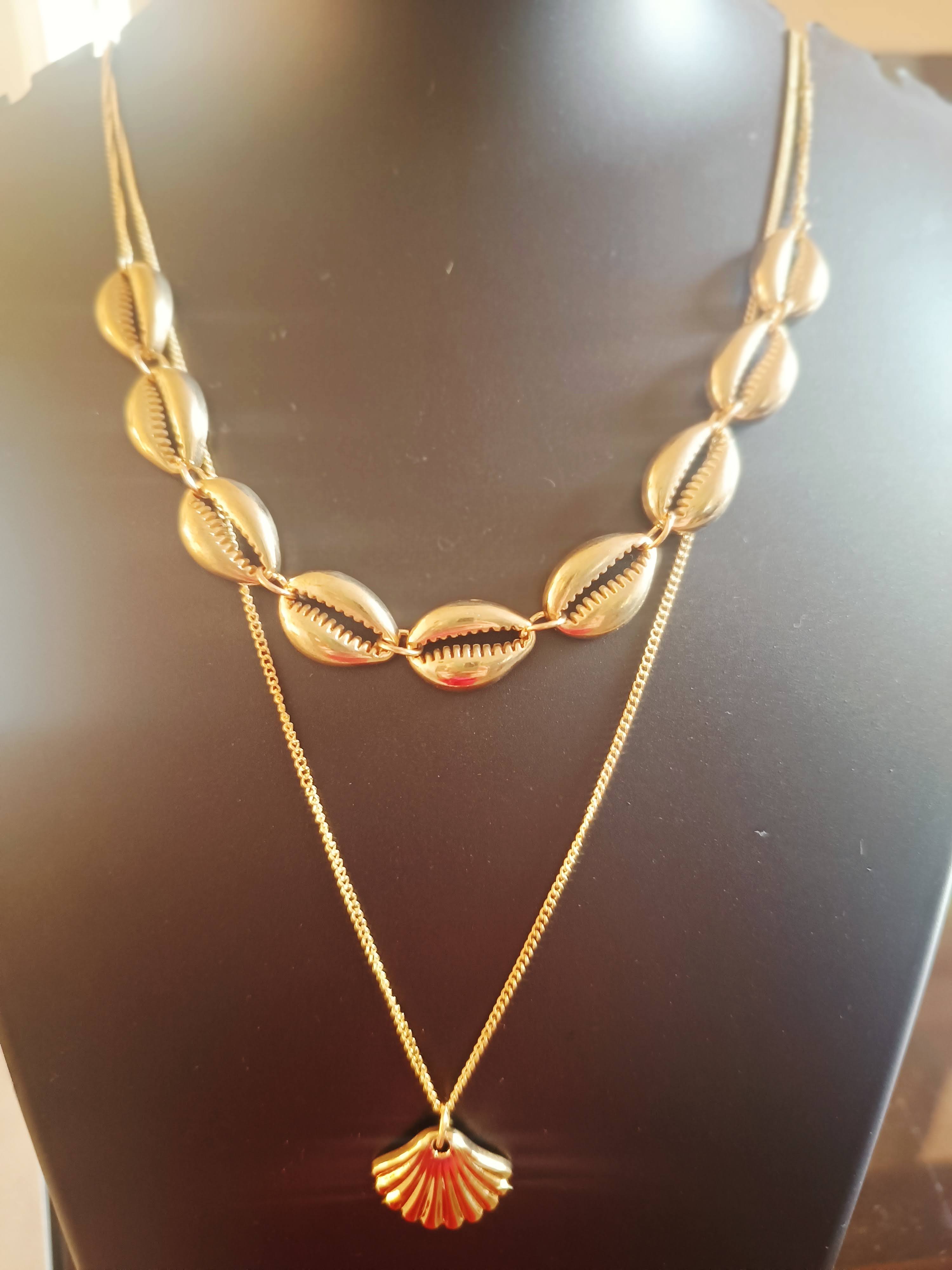 Double layered dull-gold plated Sea Shells neckpiece - Jewellery for w